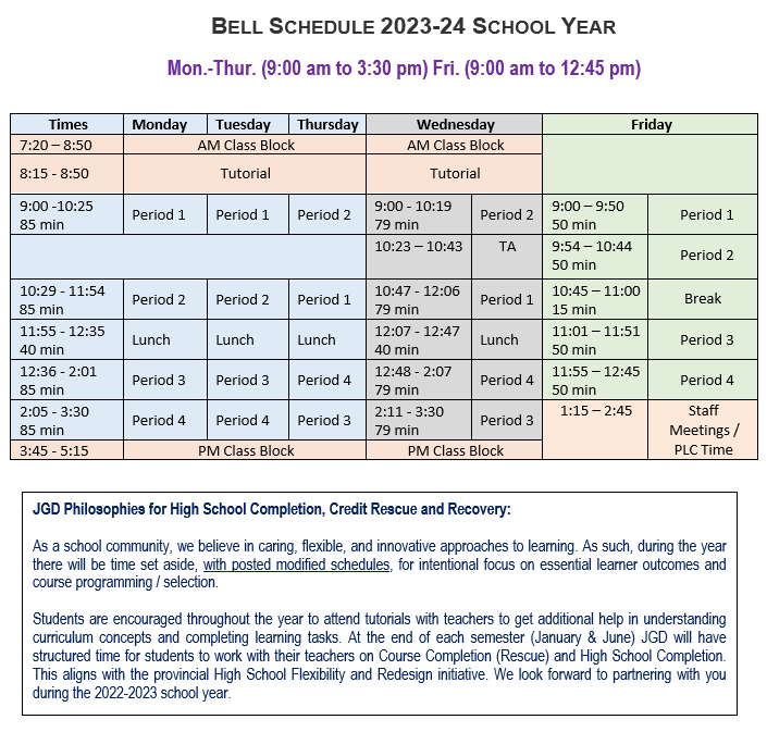 Office Hours & Bell Times - John G. Diefenbaker High School